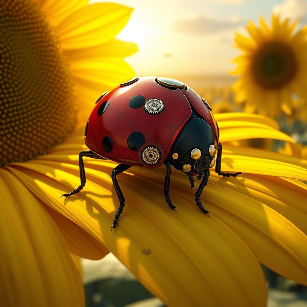 Ethereal Steampunk Ladybug Sits on Vibrant Sunflow... - AI Art