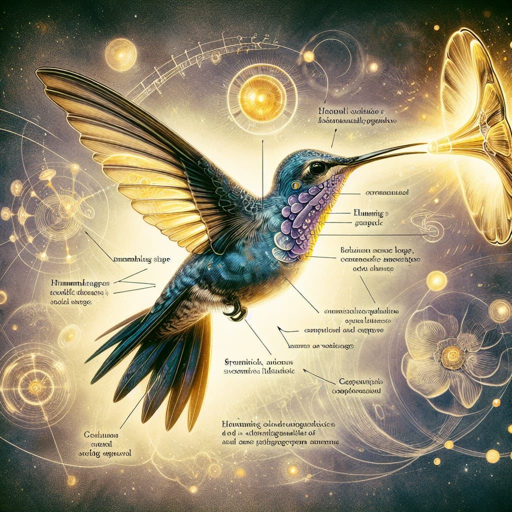 Delicate hummingbird mid-flight, intricate syrinx anatomy, sound wave ...