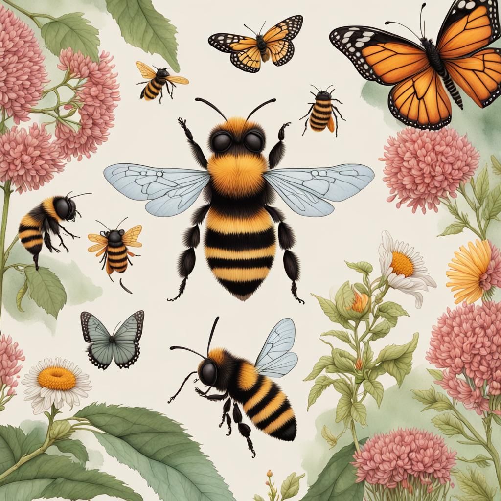 Detailed illustrations showcasing the beauty of bees, butterflies, and ...