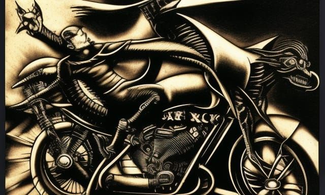 h.r. giger rides a motorcycle - AI Generated Artwork - NightCafe Creator