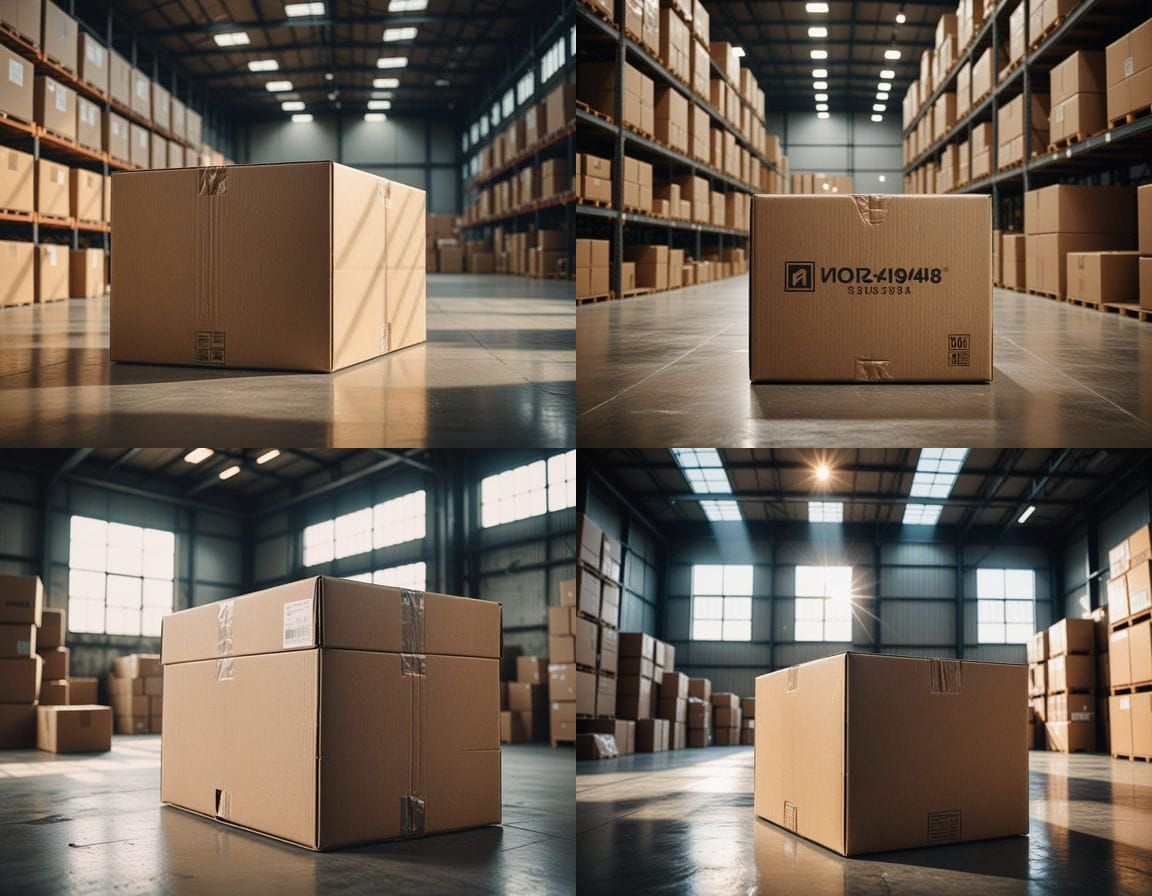 Modern warehouse, cardboard box in the foreground, close-up, blurred ...