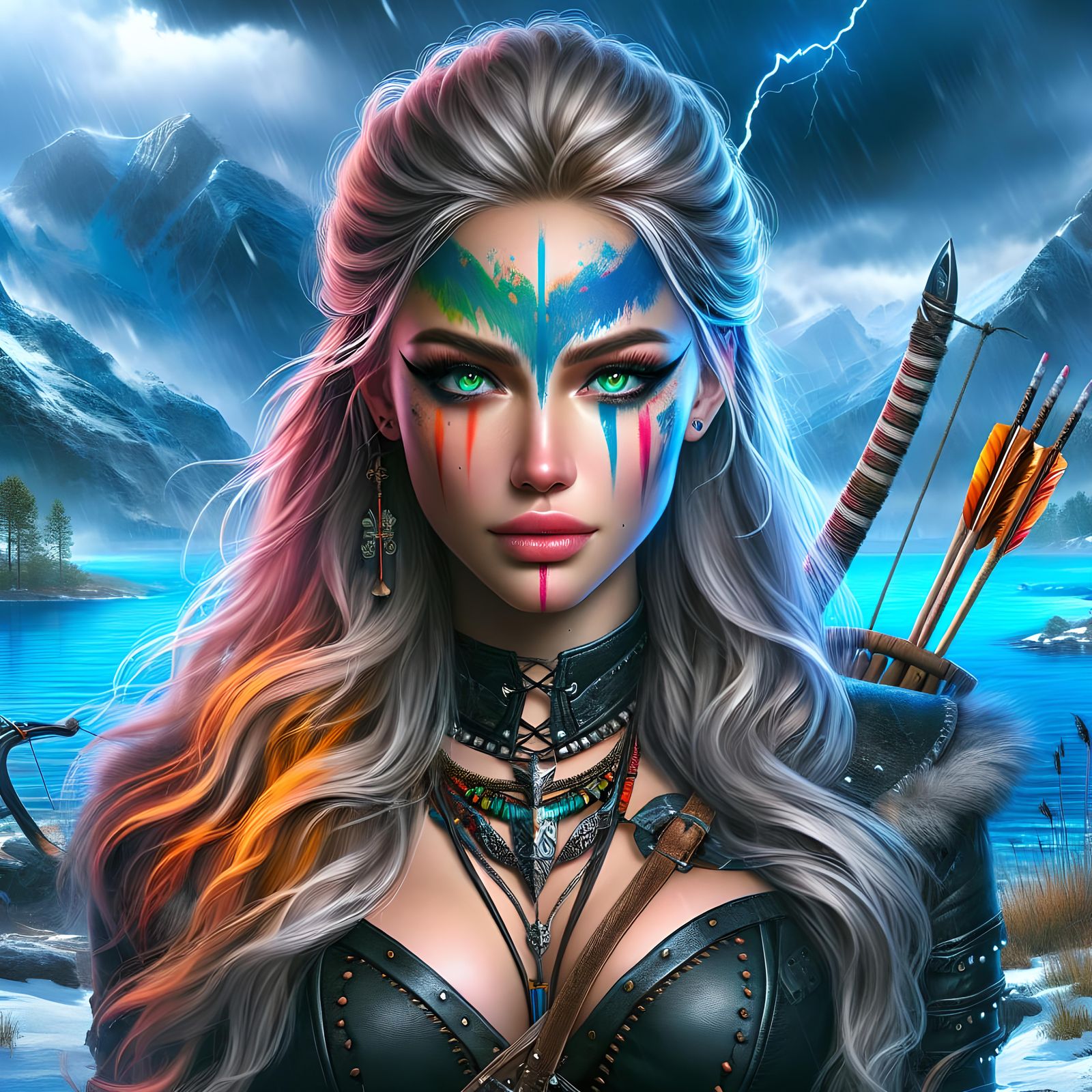 (Full body view) Female Nordic warrior, beautiful, long blonde hair, piercing green eyes ...