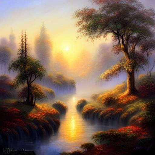 a white and warm light, pervading through trees and nature, as a foggy ...