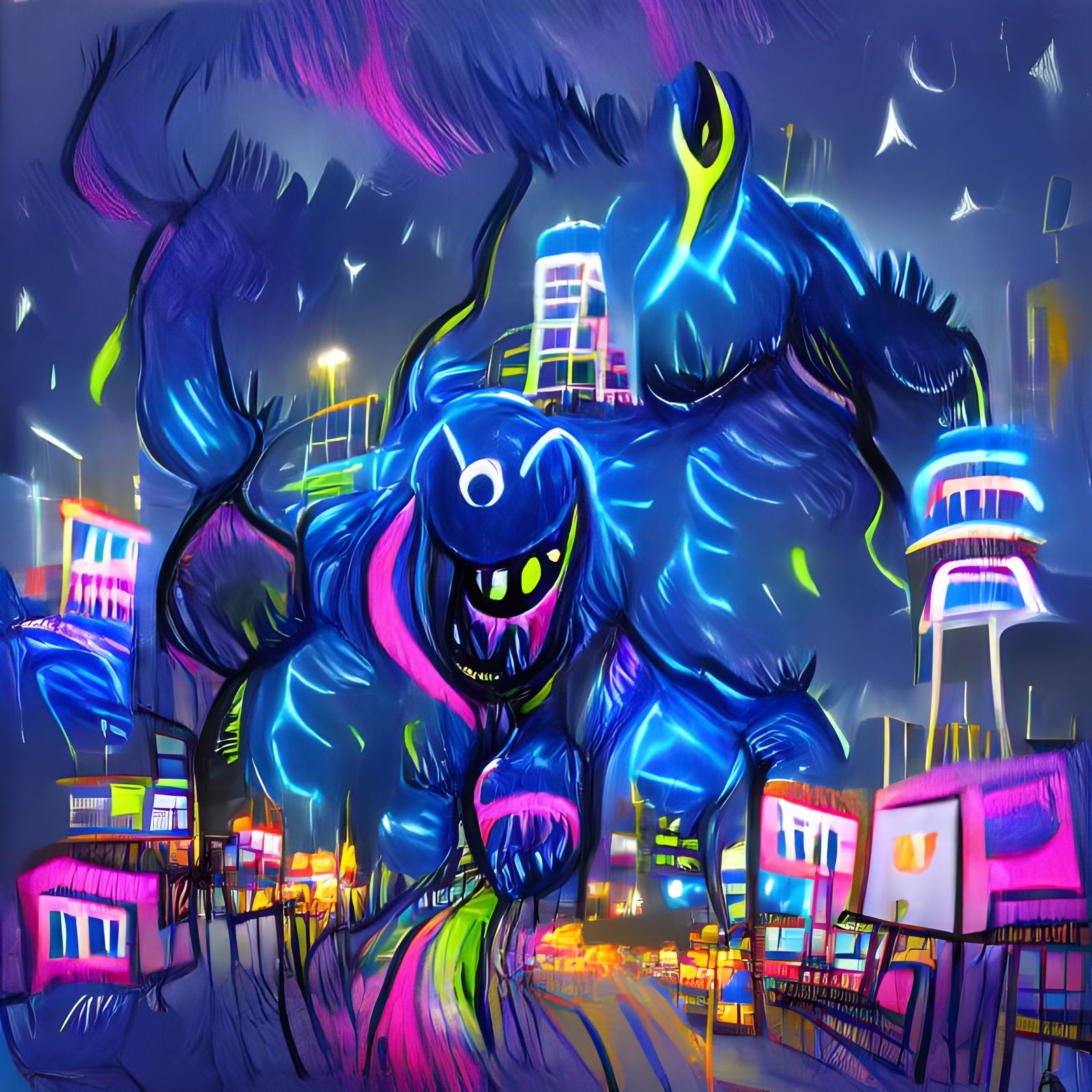 A giant indigo monster stomping through a neon cityscape at night. - AI ...
