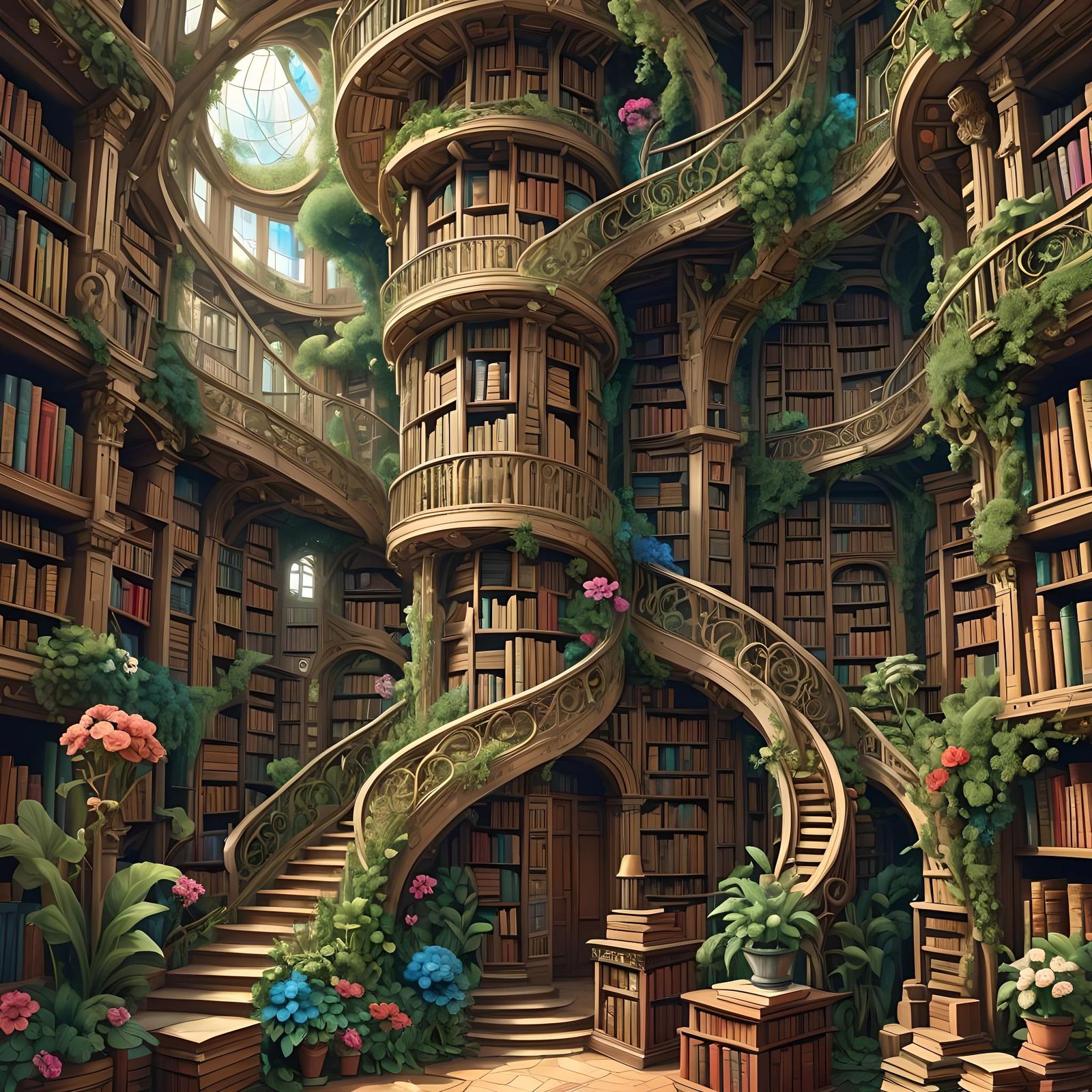 take me on a date to an overgrown library - AI Generated Artwork - NightCafe Creator