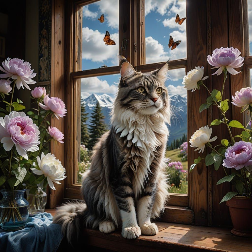 Mainecoon Cat Examines Iridescent Goliath Moth in ... - AI Art