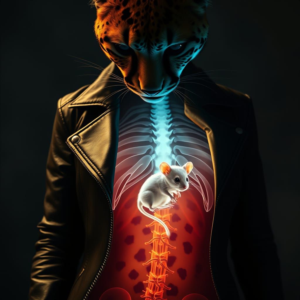 Humanoid Cheetah Reveals Tiny Mouse in X-Ray Glow - AI Art