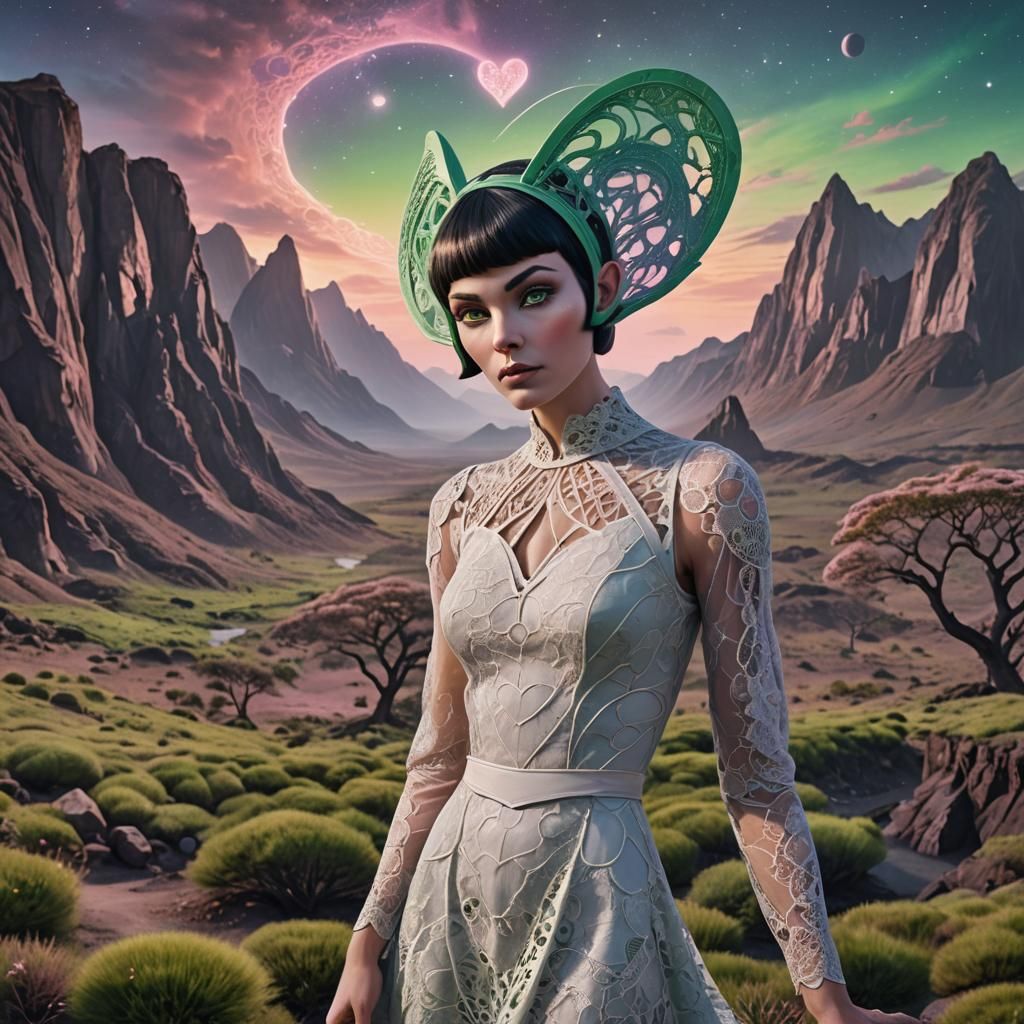 A mesmerizing and surreal portrait of an alien vulcan girl with a hyppie style, featuring a ...