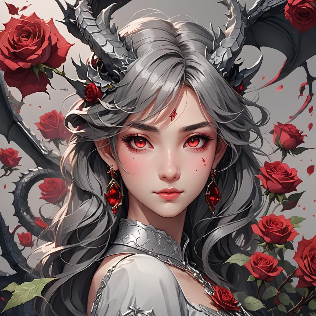 A pretty dragon with red ruby earrings, grey eyes and a red rose pretty made into a pretty fancy ...