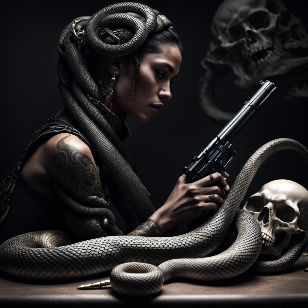 a snake wrapped around a skull, a black cobra, a gun and bullets lying ...