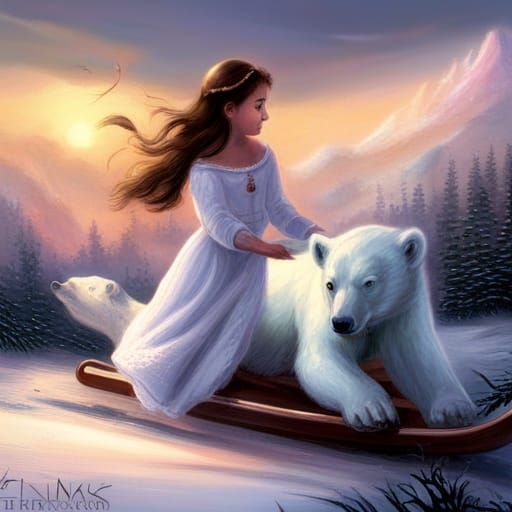 A young dark haired girl pulling a polar bear on a sled. ethereal ...