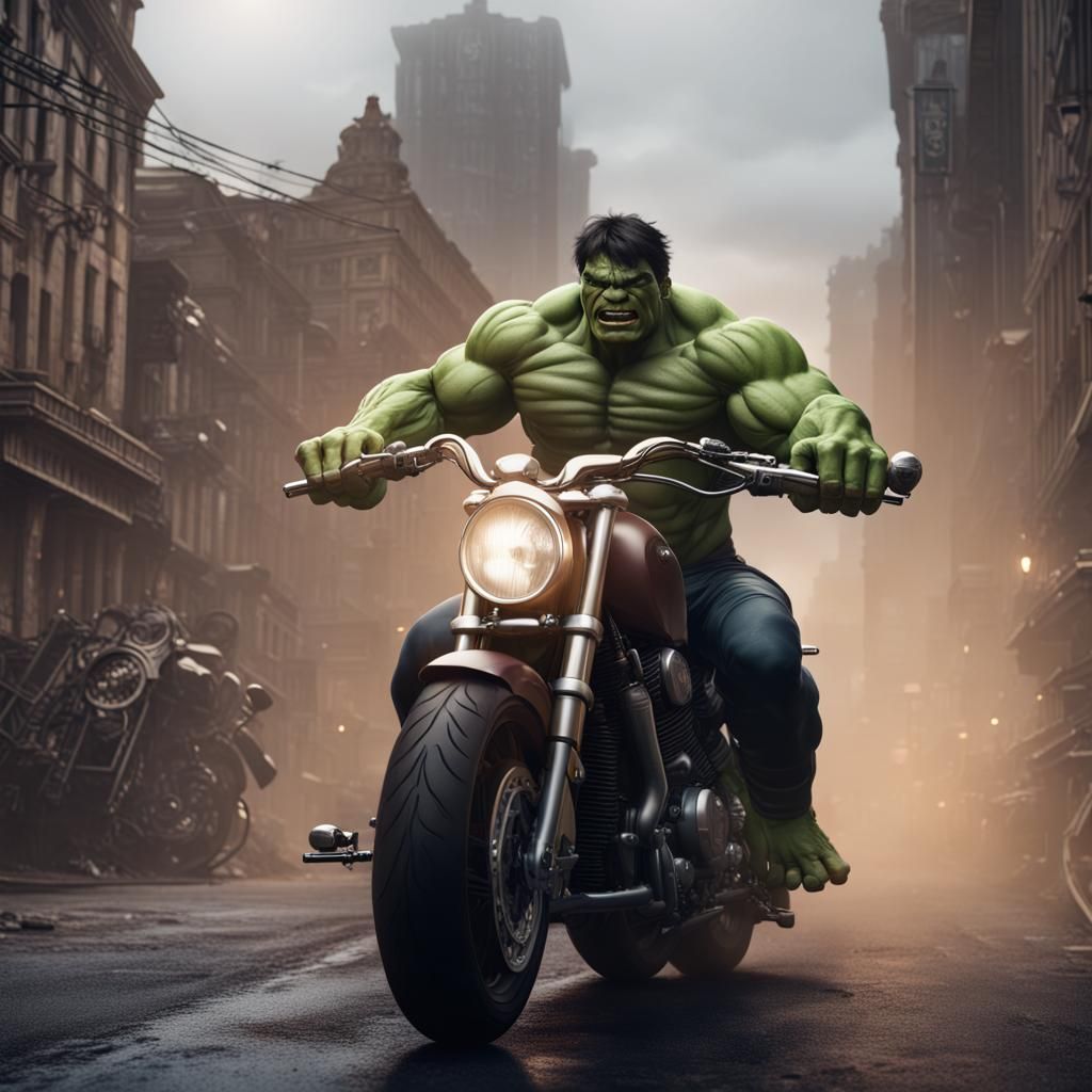 Hulk rides motorcycle - AI Generated Artwork - NightCafe Creator