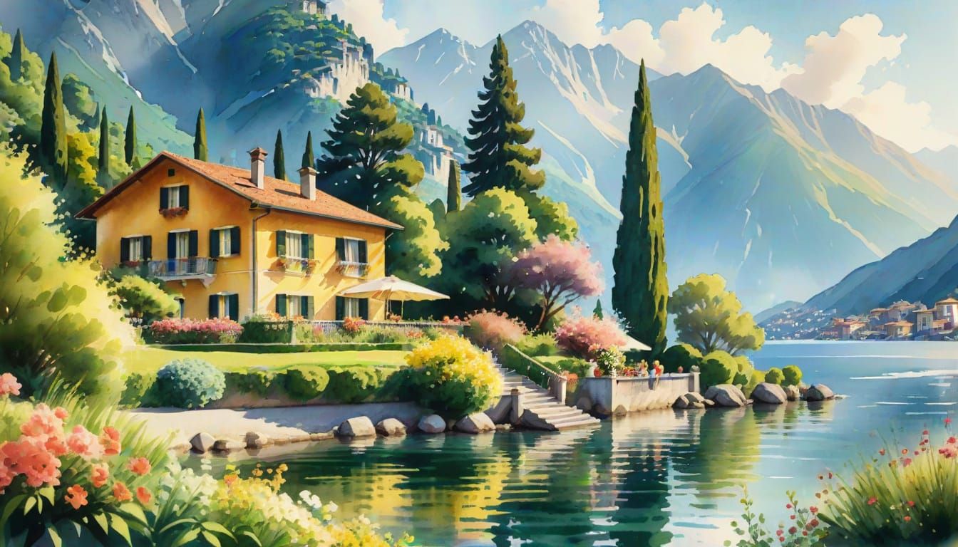 LAGO CUOMO CASA DE VERÃO MONTANHA - Lake Como Watercolor Mas...