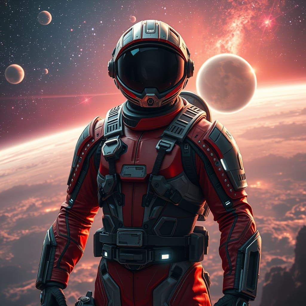 Futuristic Space Pilot in Heroic Pose Against Star... - AI Art