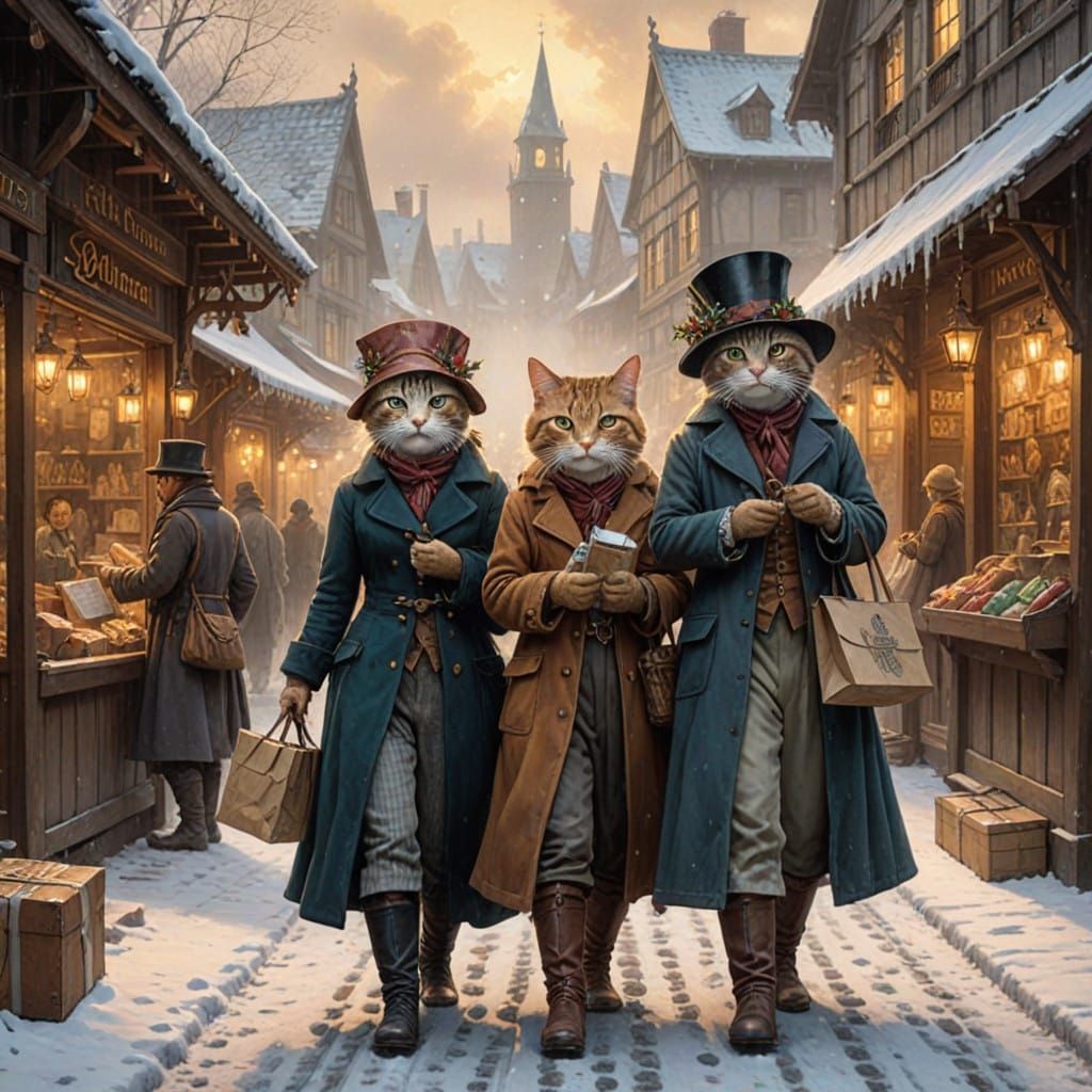 Dickensian cats at a winter market - Ethereal Cats in Winter...