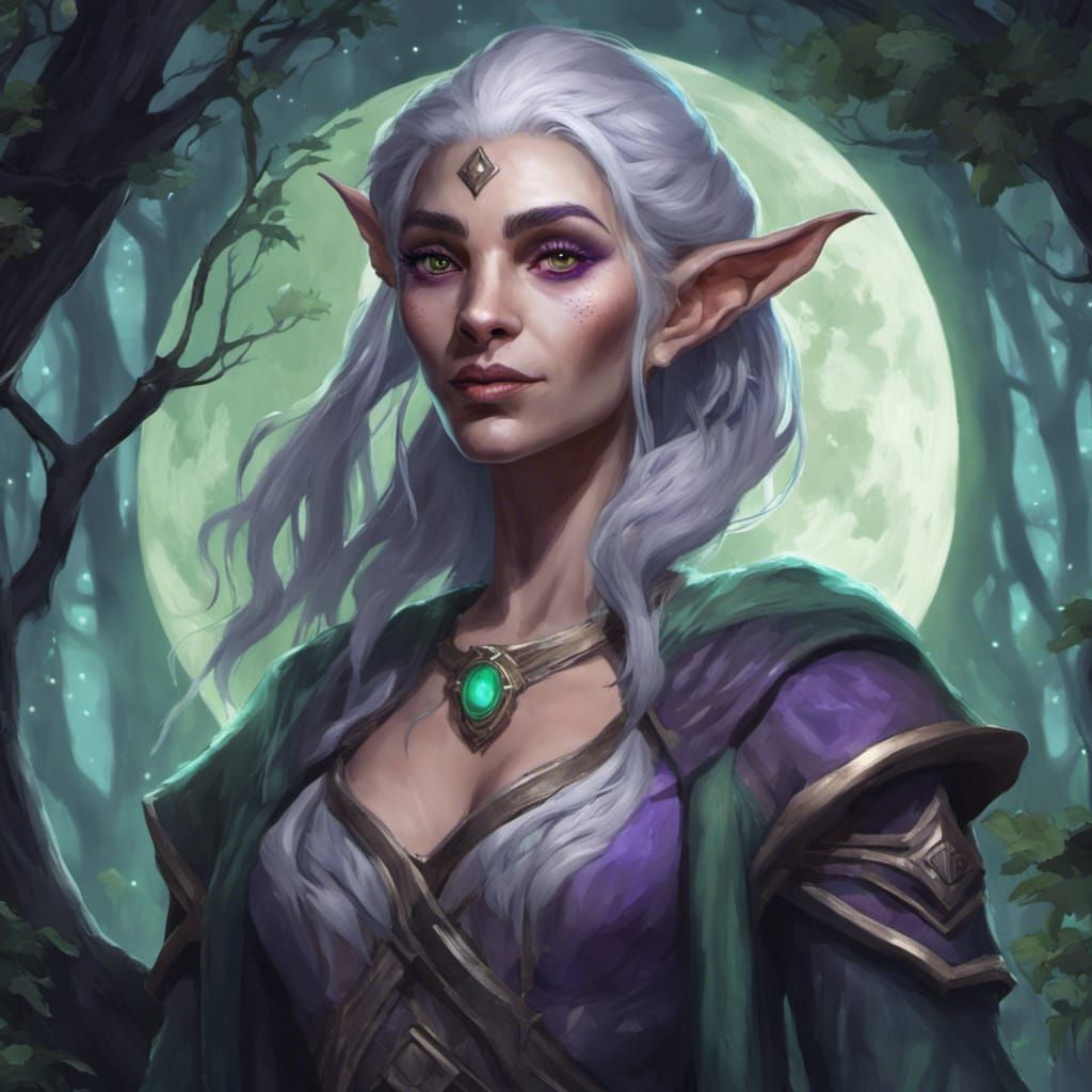 Portrait Of Lilorean A Female Night Elf Druid With High Cheekbones At Night In A Green Lit