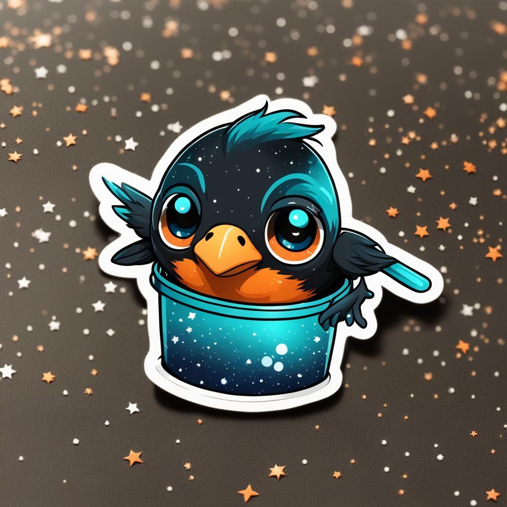 adorable baby black and orange and teal chibi bird with big galaxy pail ...