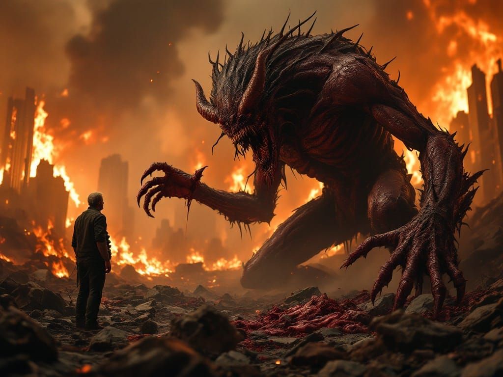 Giant Demons Devour Humans in Burning Post Apocaly... - AI Art