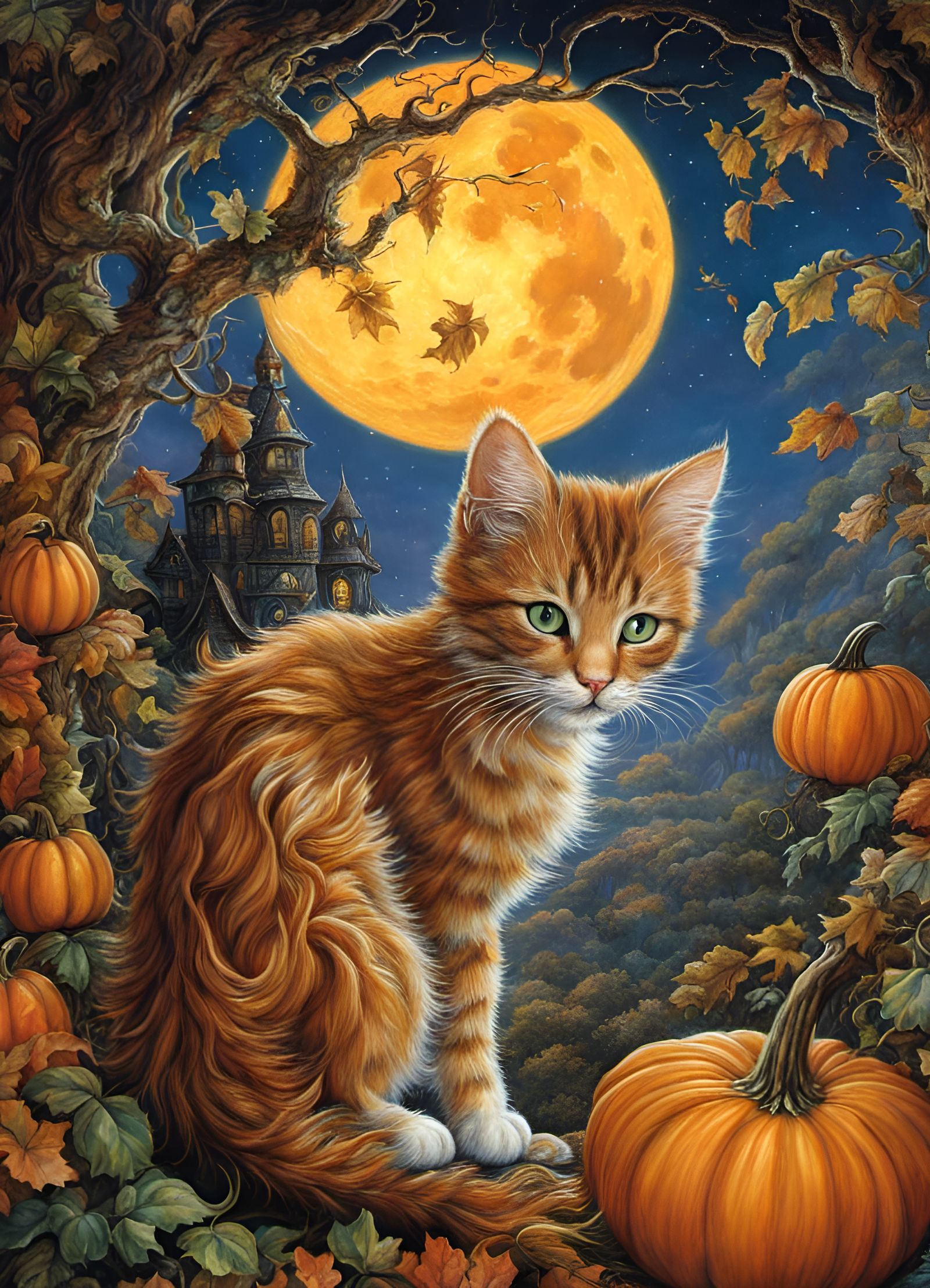 Cute kitty, pumpkin, full moon - AI Generated Artwork - NightCafe Creator