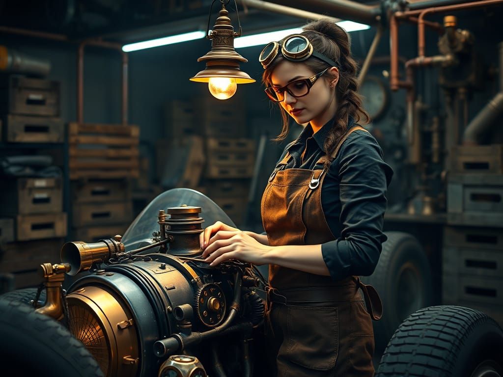 Steampunk Lady Mechanic Tinkers with Racing Car in... - AI Art