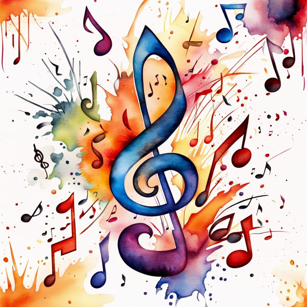 Explosion of musical clefs and notes, Detailed Watercolor Splash art ...