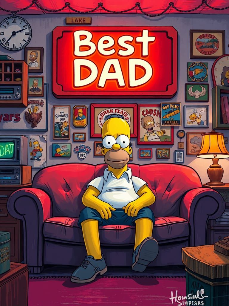 Homer Simpson Under 'Best Dad' Sign: Digital Matte... - AI Art