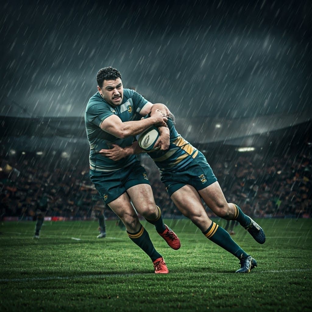 Rugged Rugby Players in Cinematic Storm - AI Art