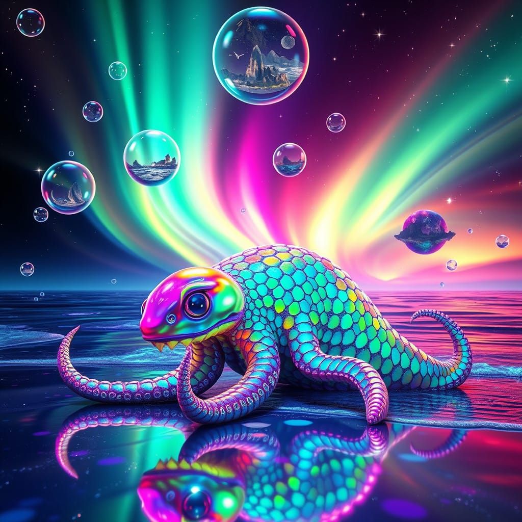 Vibrant Baby Kraken in Iridescent Beach Scene with... - AI Art