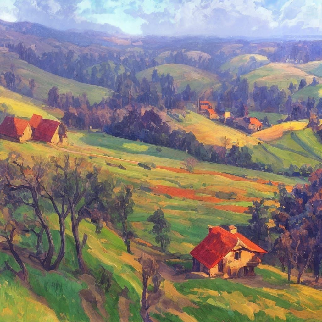 Gemstone Landscape of Ruby Village in Emerald Hill... - AI Art