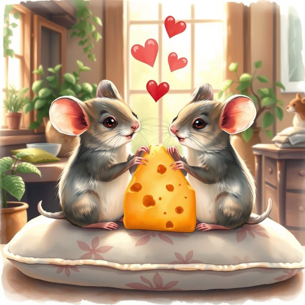 Cozy Mice Share Golden Cheese, Whimsical Storybook... - AI Art