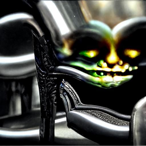 Bright goblin's evil smile sitting in a chair looking at a mirror ...