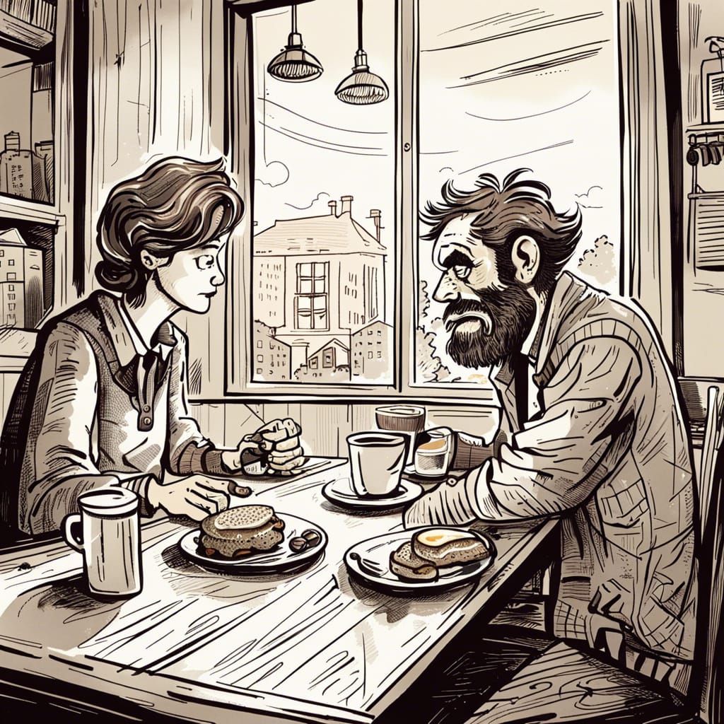 A grumpy couple is stealing a coffee and breakfast from the plate on ...