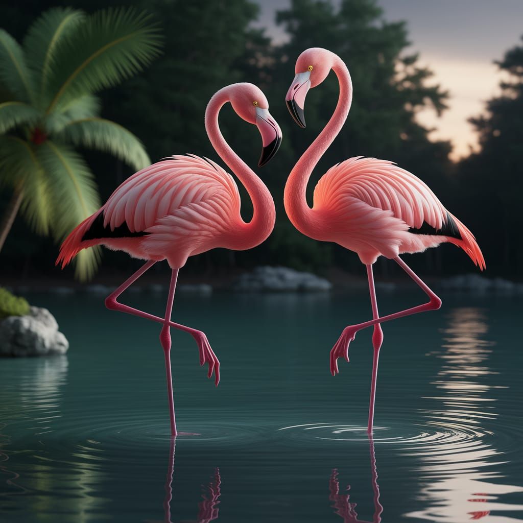 Realistic Flamingos Standing in Water - AI Art