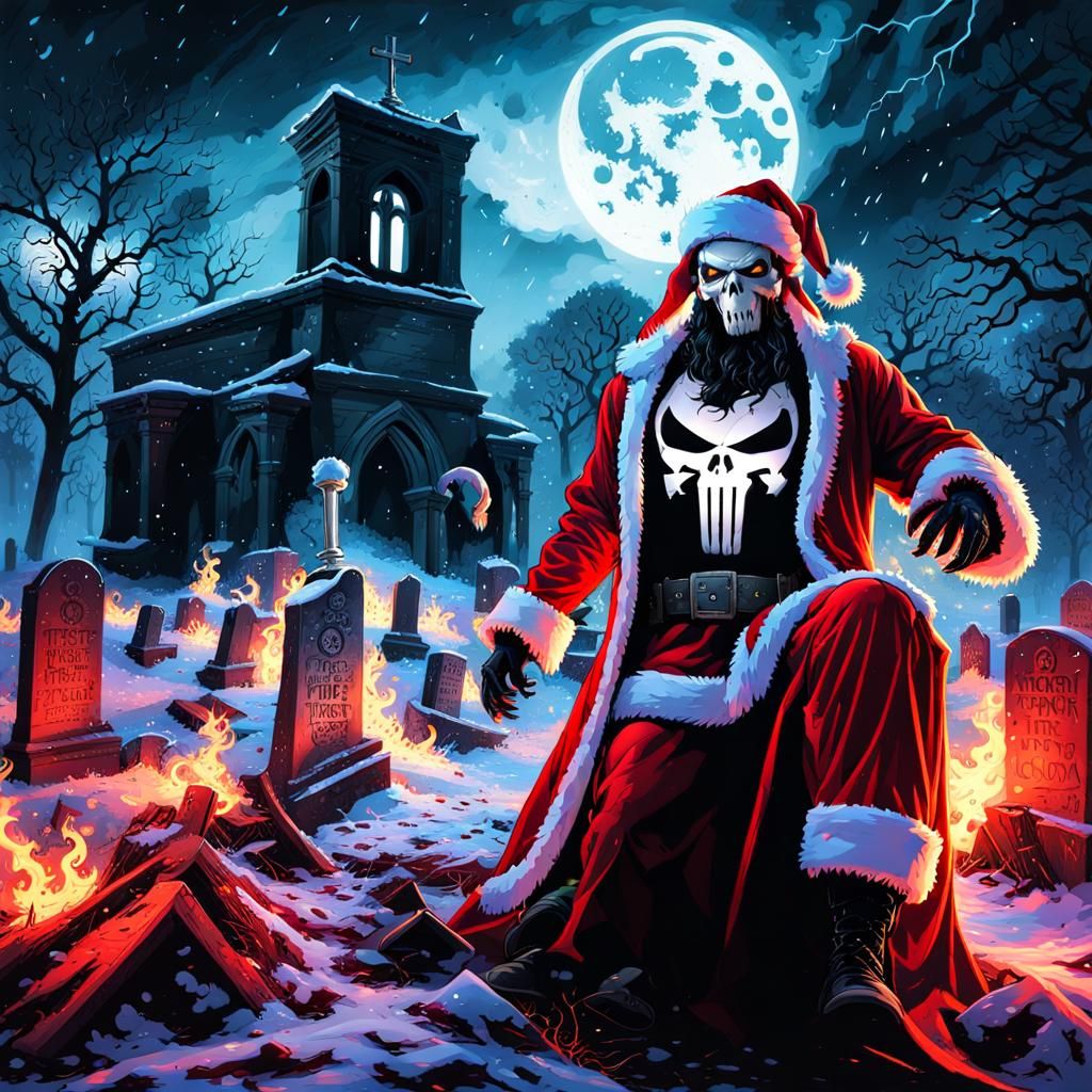 fire inside of a punisher_venom dressed as santa_claus like a undead ...
