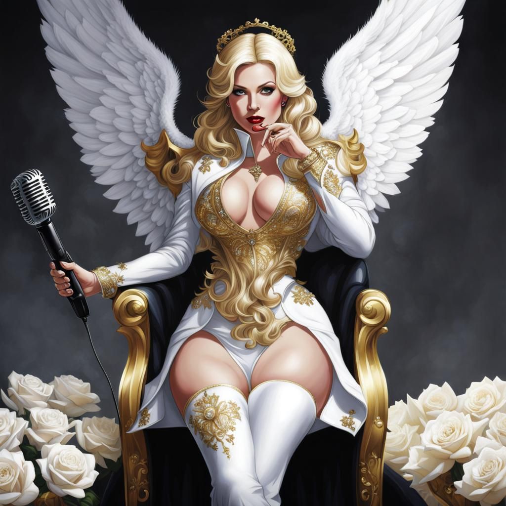 Angelic pop-star in a Beautiful Ornamental Guilded Heavy White business suit Holding a ...