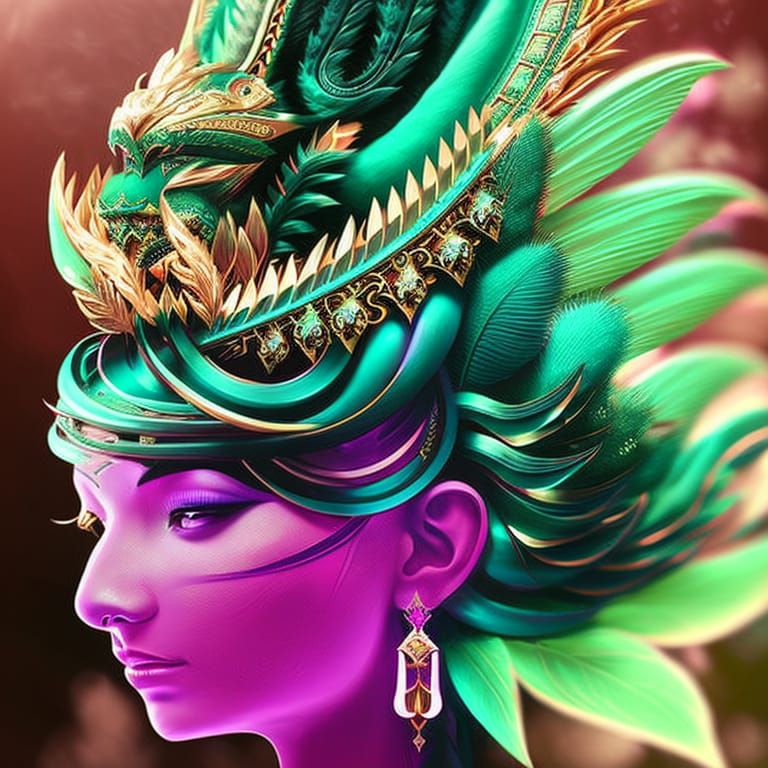 goddess macro 3 / 4 profile portrait of quetzalcoatl. quetzal, feathers ...