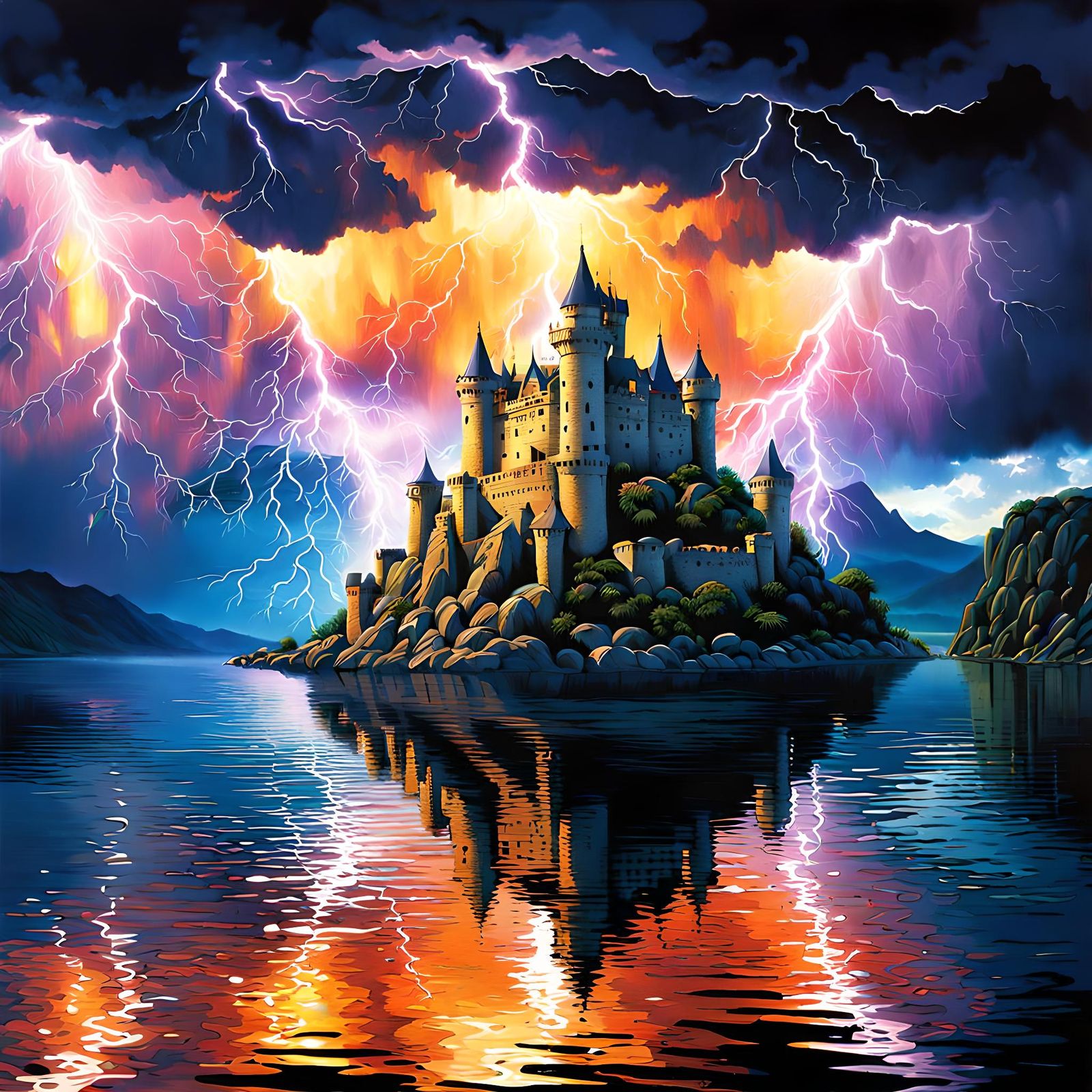 postcard Castle made of rock, in a lake, - AI Generated Artwork ...