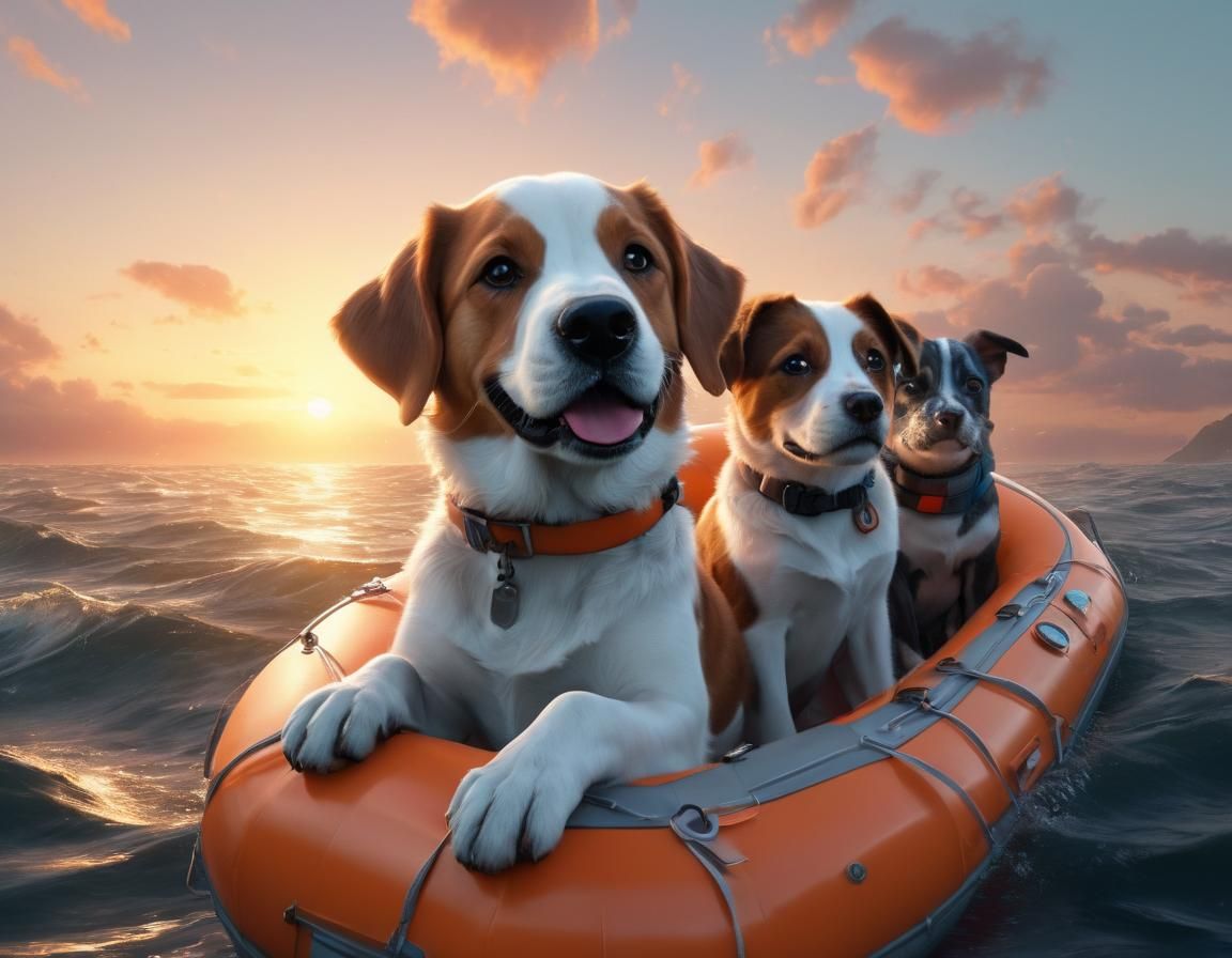 Adorable dogs sit nestled within an inflatable lifeboat, adrift upon ...