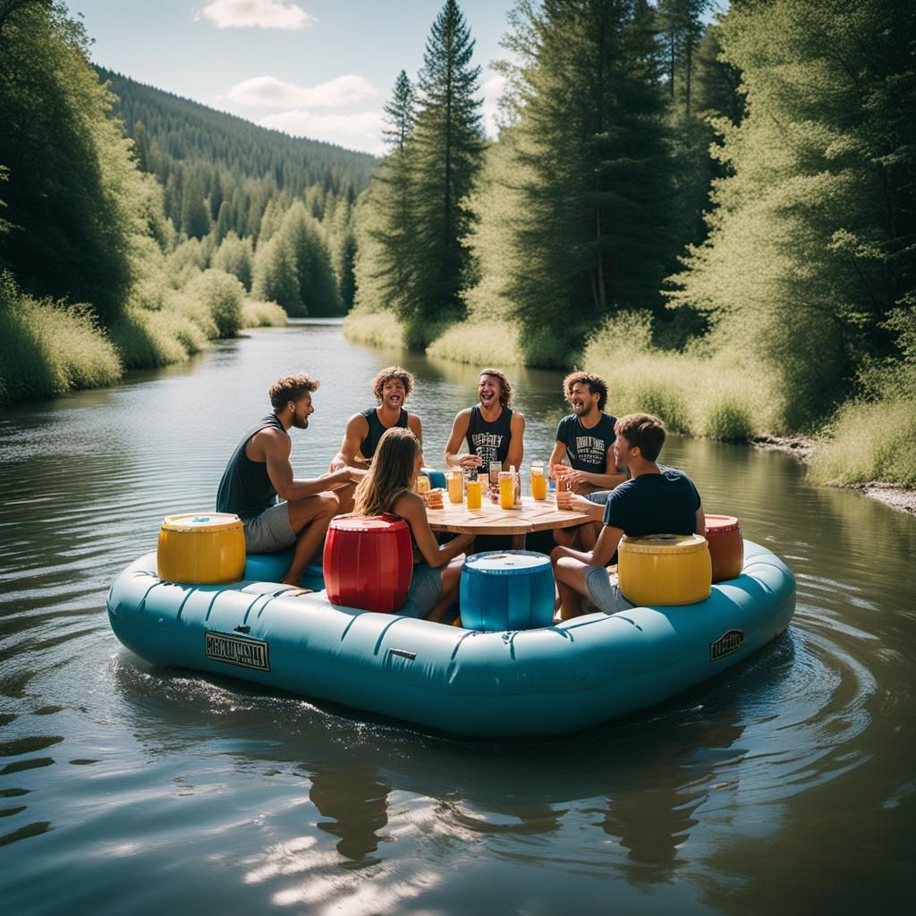 Four 20 year old's on a raft that has been created using an octagonal ...