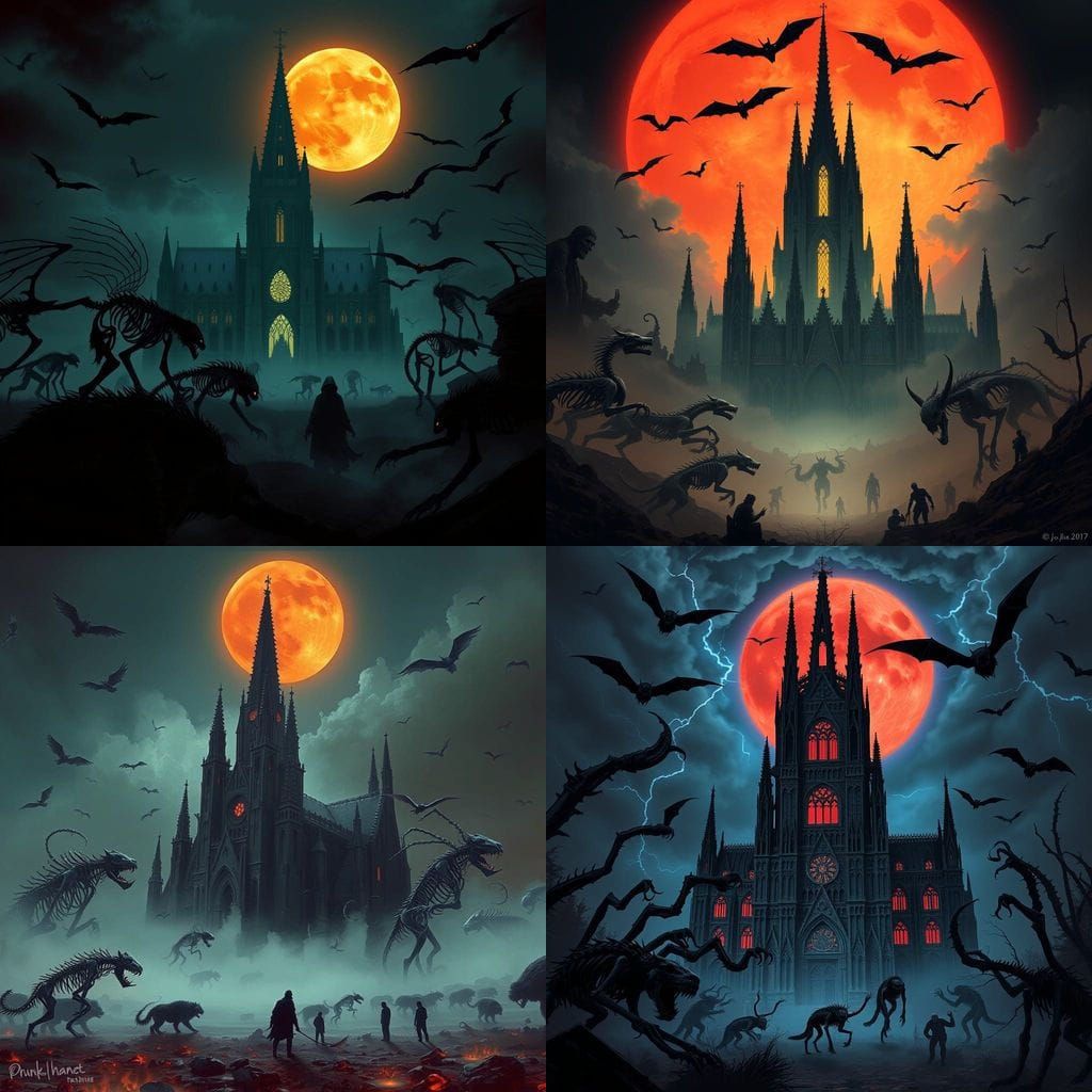 "A dark and foreboding scene under a massive full moon. A towering ...