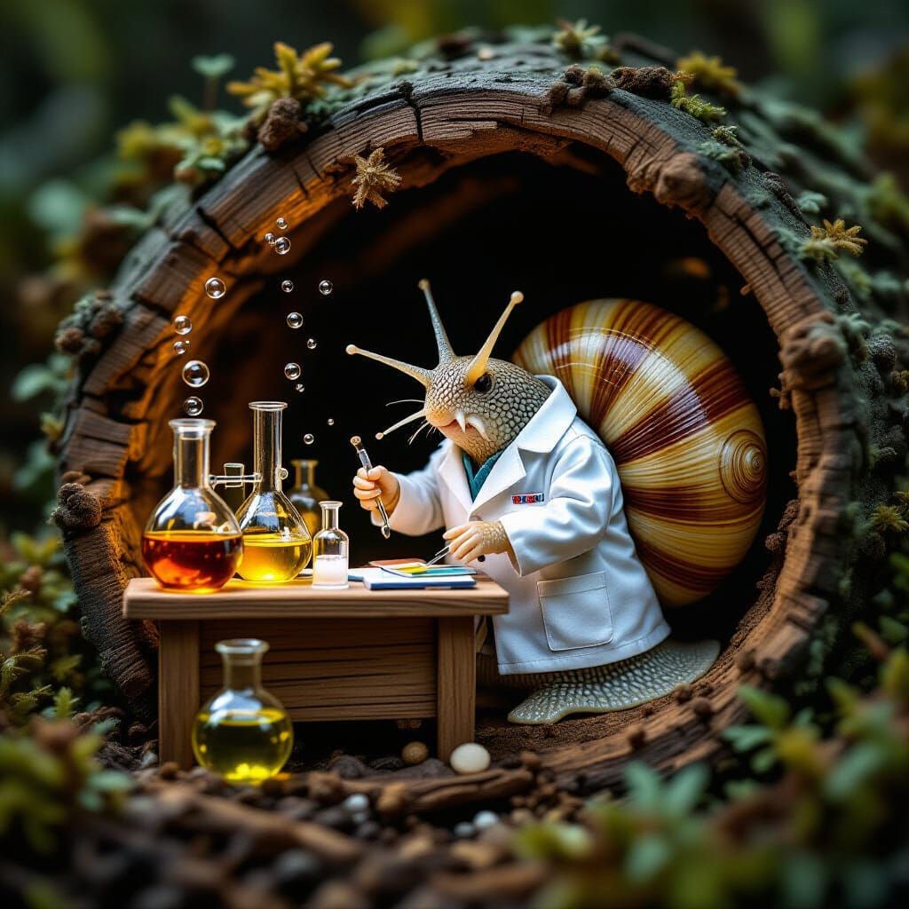 Snail Scientist in Log Lab: Hyperrealistic Macro - AI Art