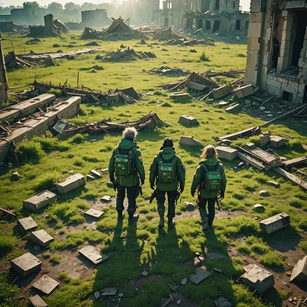 three survivors explore ruins of post apocalyptic world - AI Generated ...