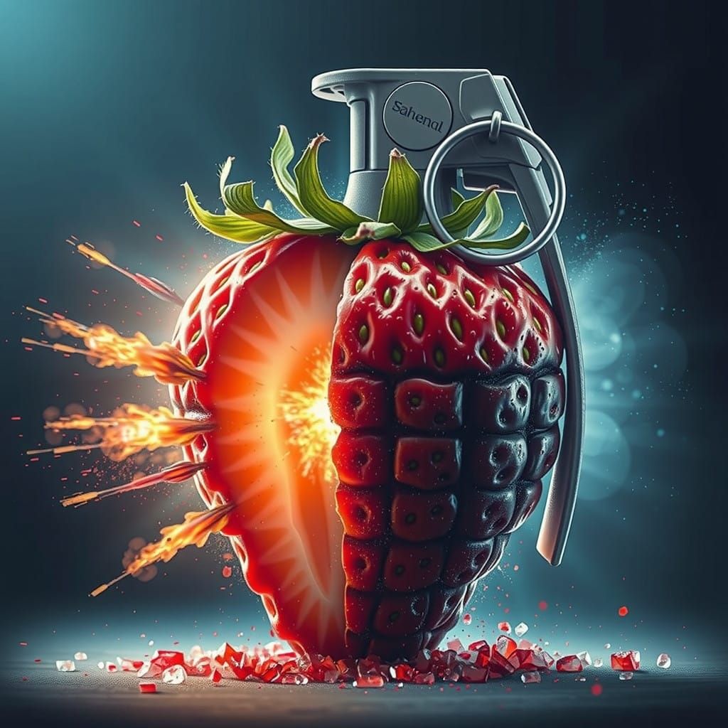 Flash photography of a strawberry that is a grenade about to explode ...