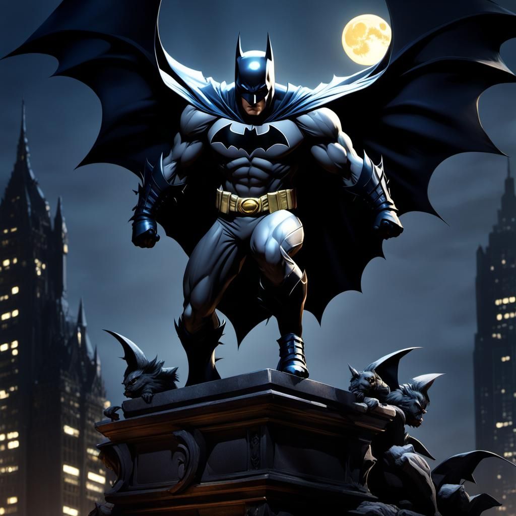 Batman standing on a gargoyle in Gotham, volumetric moonlight, Depth of ...