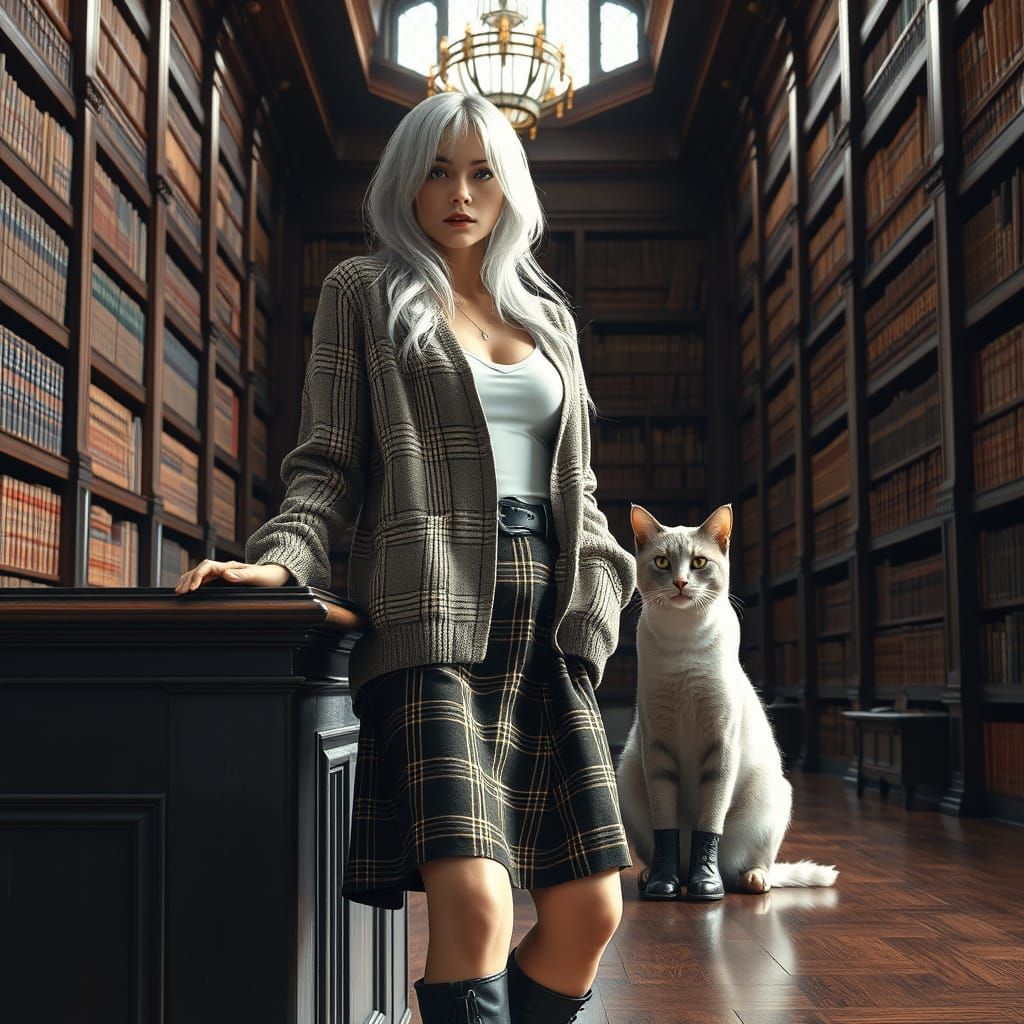 Hyper Realistic Women in Grand Library with Silver... - AI Art
