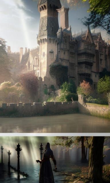 medieval castle, mist, sunrays, dust in the air, dnd character, unreal ...