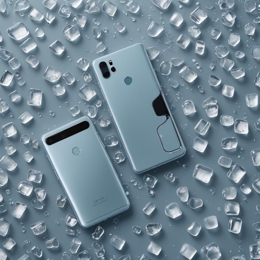 A sleek and futuristic smartphone, entirely coated in a mesmerizing ice ...