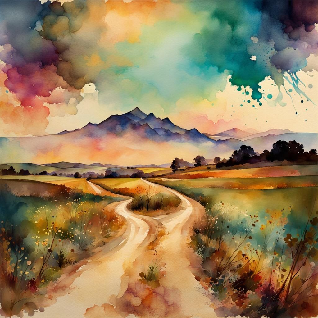 {Watercolor splatter:1.5}, beautiful country {dirt road: 1.5}, dusk ...
