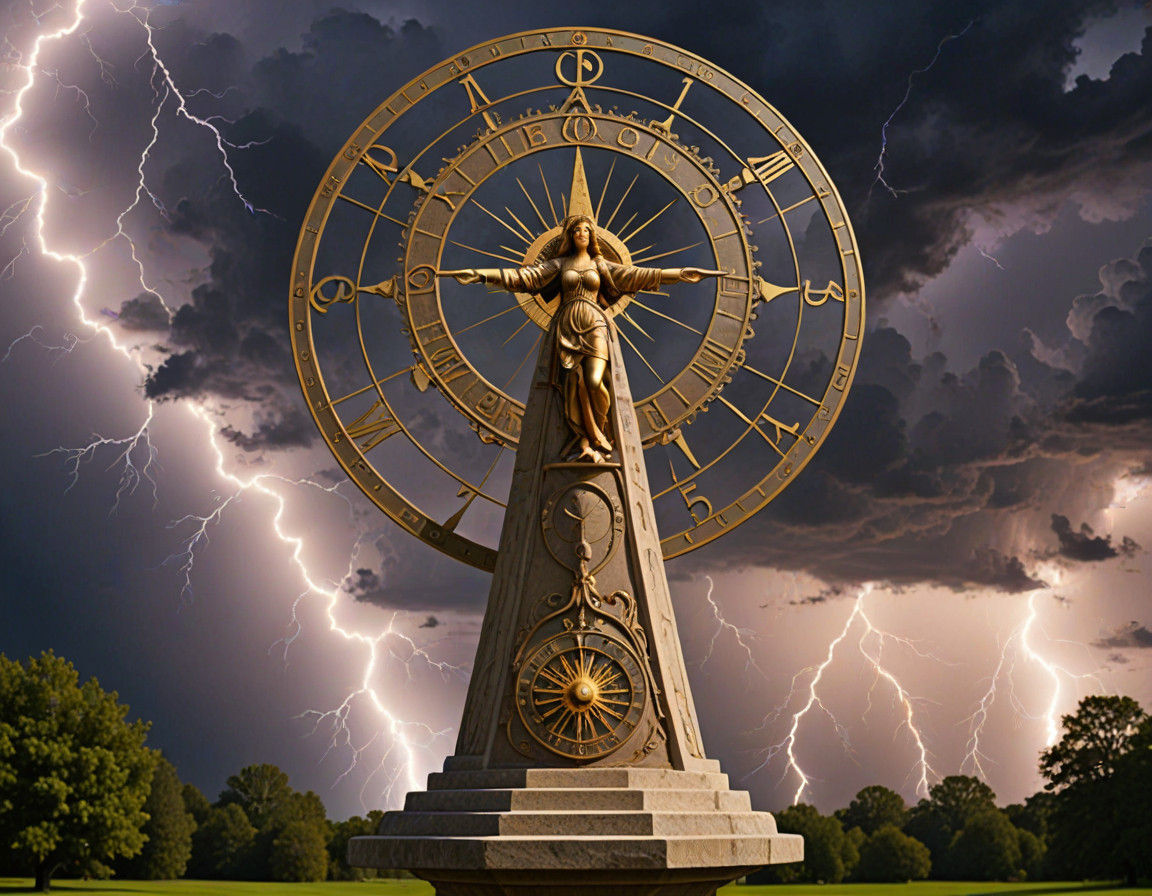 Angelic Sundial Dreamscape with Lightning - AI Art