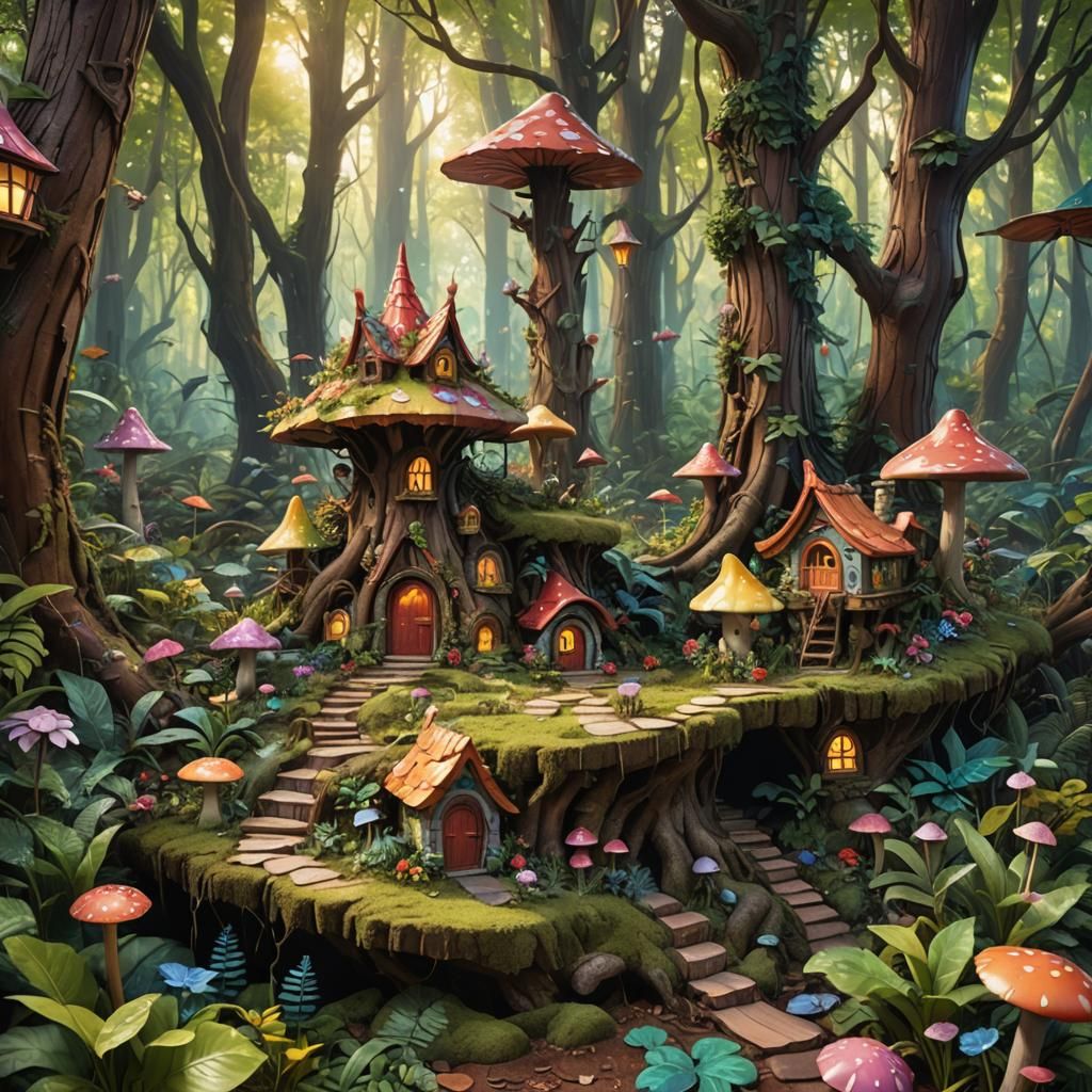 Beautiful Mahogany forest with fairy houses underneath - AI Generated ...